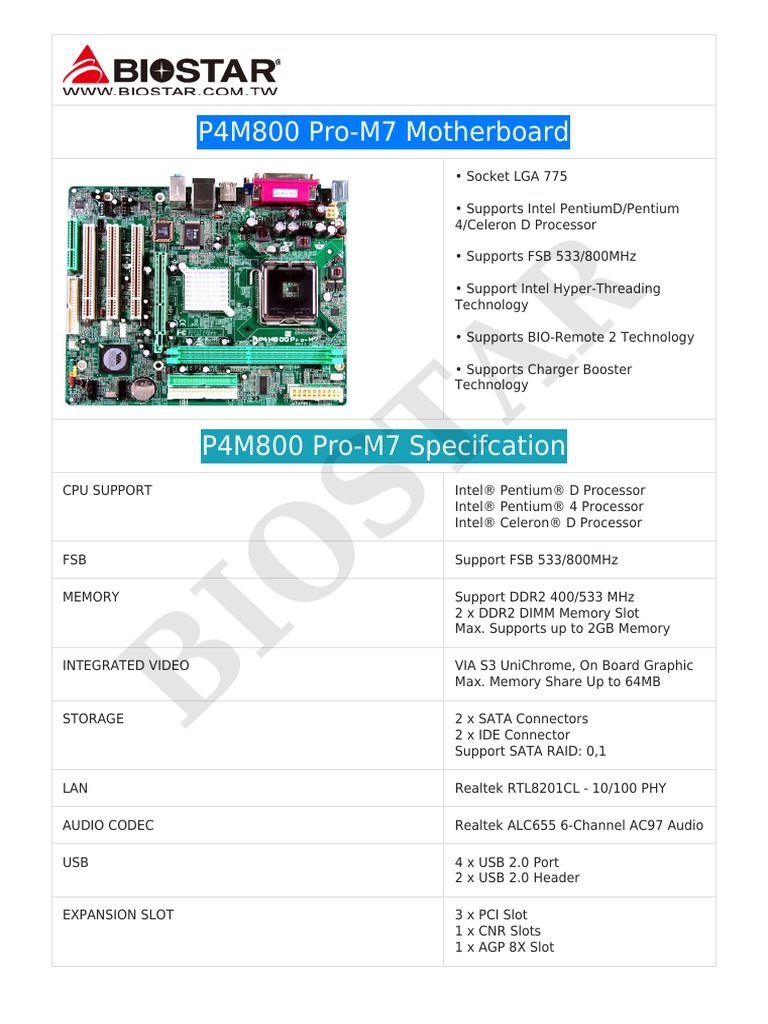 Biostar: P4M800 Pro-M7 Motherboard | PDF | Computer Hardware ...