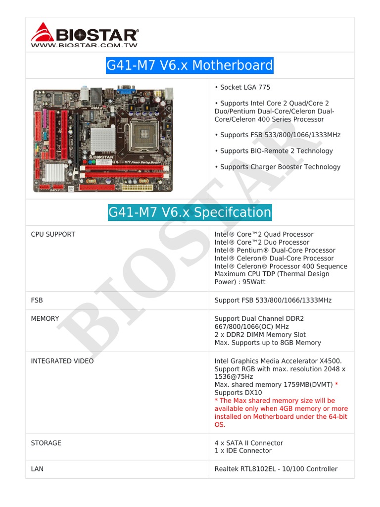 BIOSTAR G41-M7 V6.x SPEC | PDF | Personal Computers | Computer Science