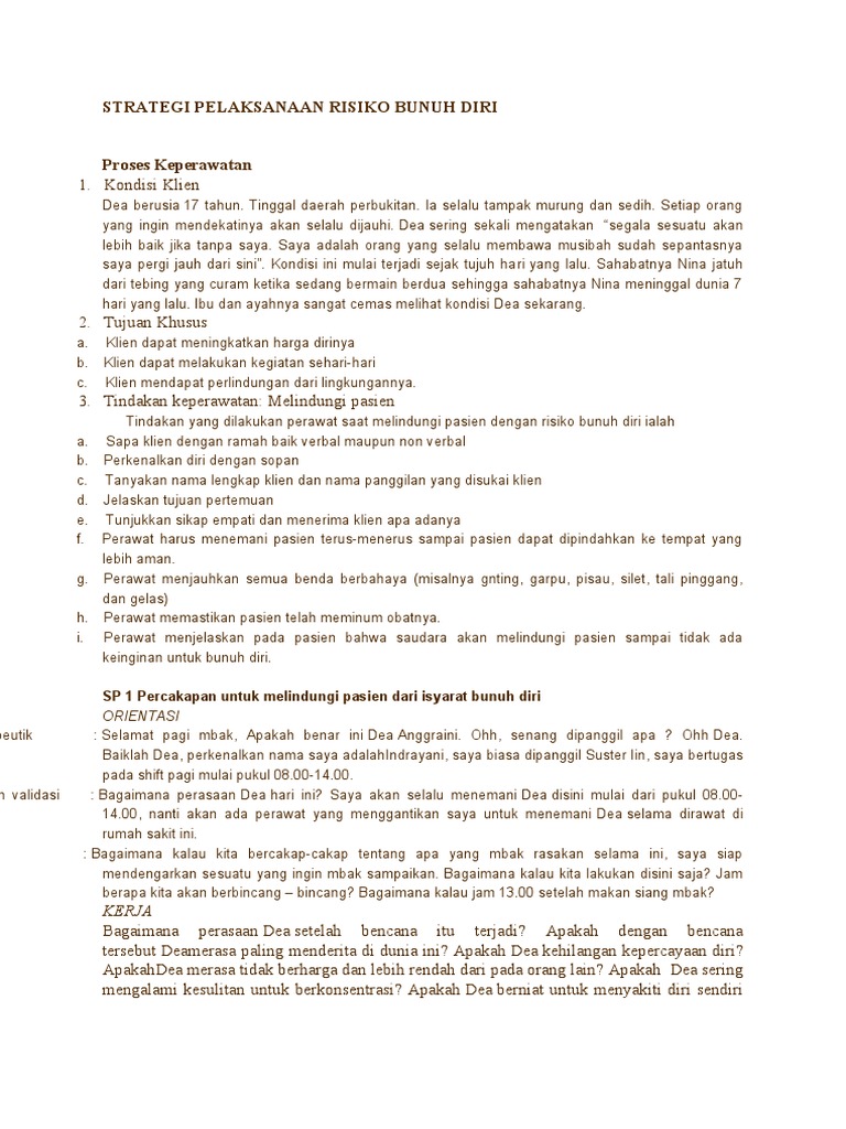 Strategi Pelaksanaan Risiko Bunuh Diri | PDF | Pengembangan Diri