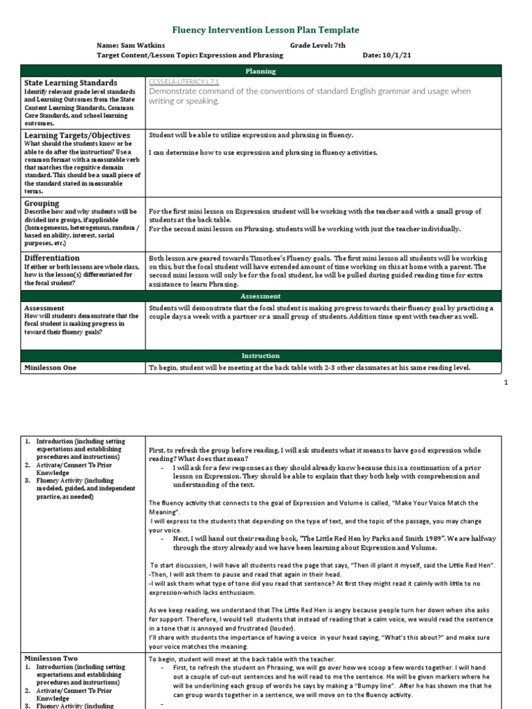 Fluency Intervention Lesson Plan Template | PDF | Reading Comprehension ...