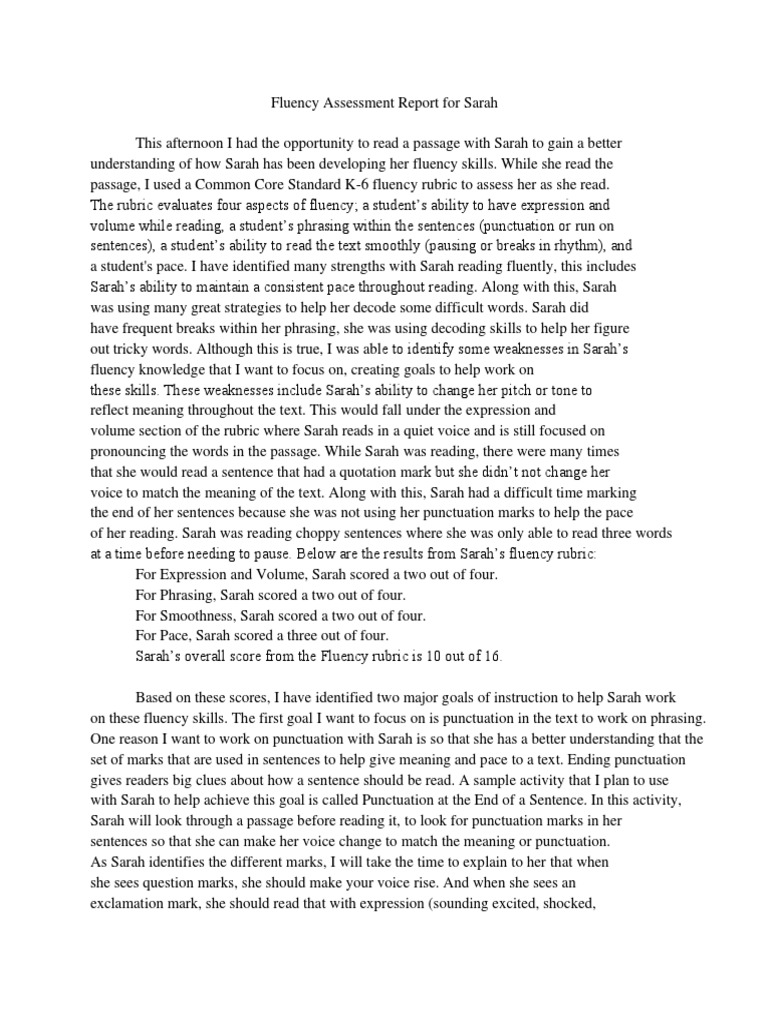 Fluency Assessment Report-Merged | PDF | Punctuation | Fluency