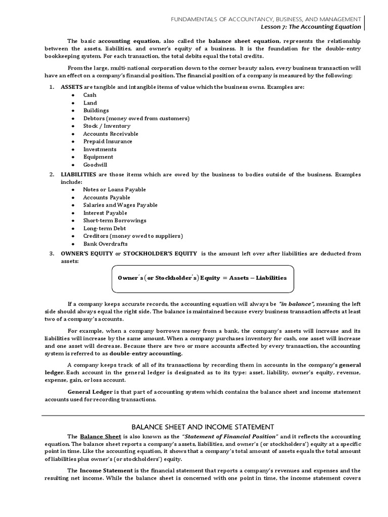 FABM 1 Lesson 7 The Accounting Equation | PDF | Debits And Credits ...
