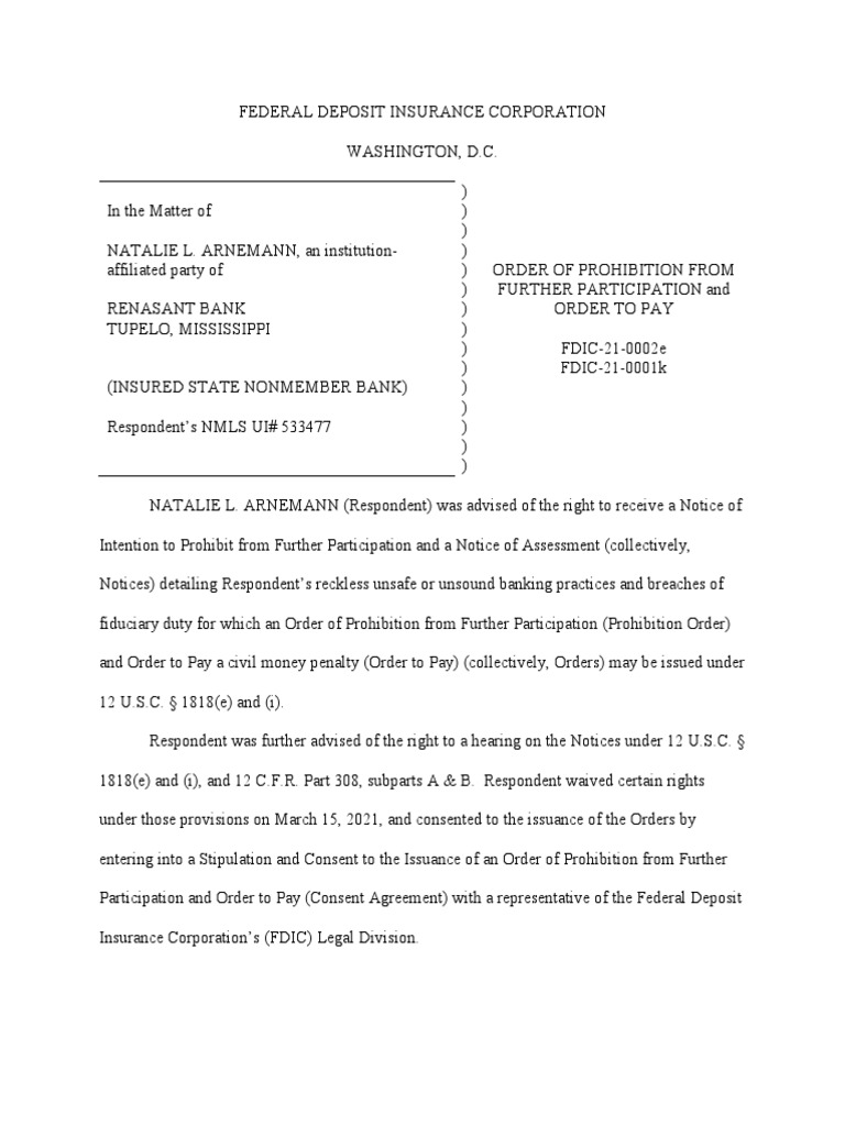 Arneman FDIC Order | PDF | Federal Deposit Insurance Corporation | Banks