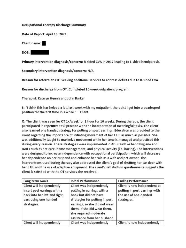 Discharge Note | PDF | Anatomical Terms Of Motion | Occupational Therapy