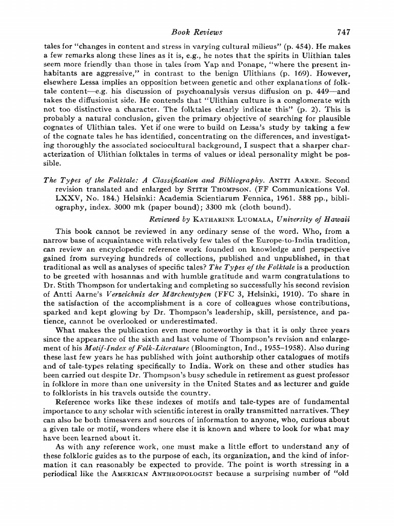 The Types of The Folktale A Classification and Bibliography. Review ...