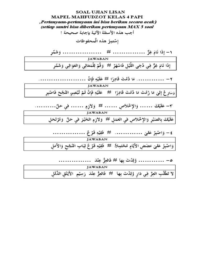 Soal Ujian Lisan Mapel Mahfudzot Kelas 4 Papi | PDF