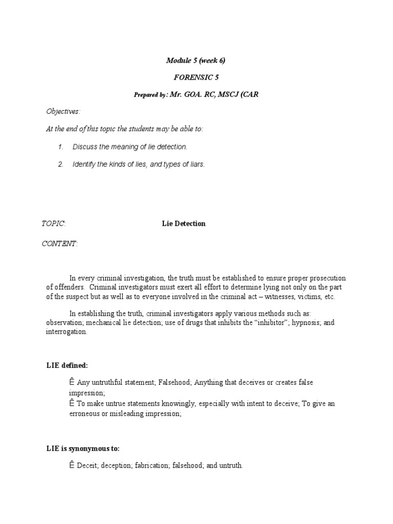 Module 5 (Week 6) Forensic 5 | PDF | Lie | Deception