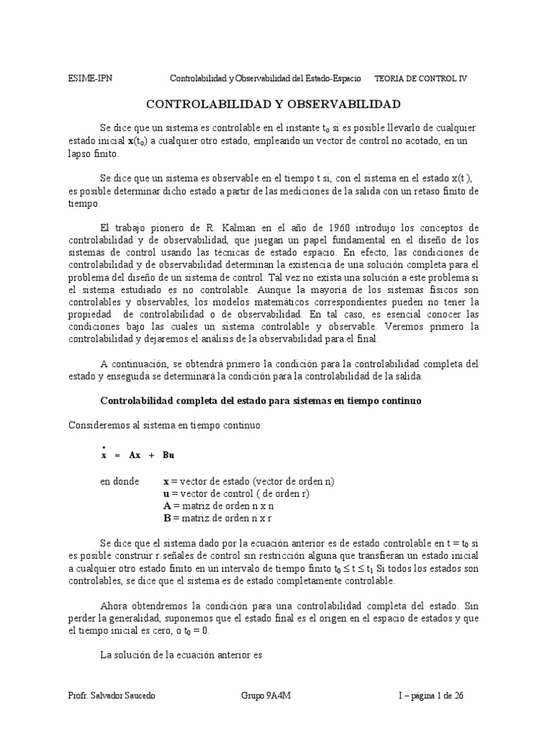 Controlabilidad-Observabilidad ML | PDF | Valores propios y vectores ...