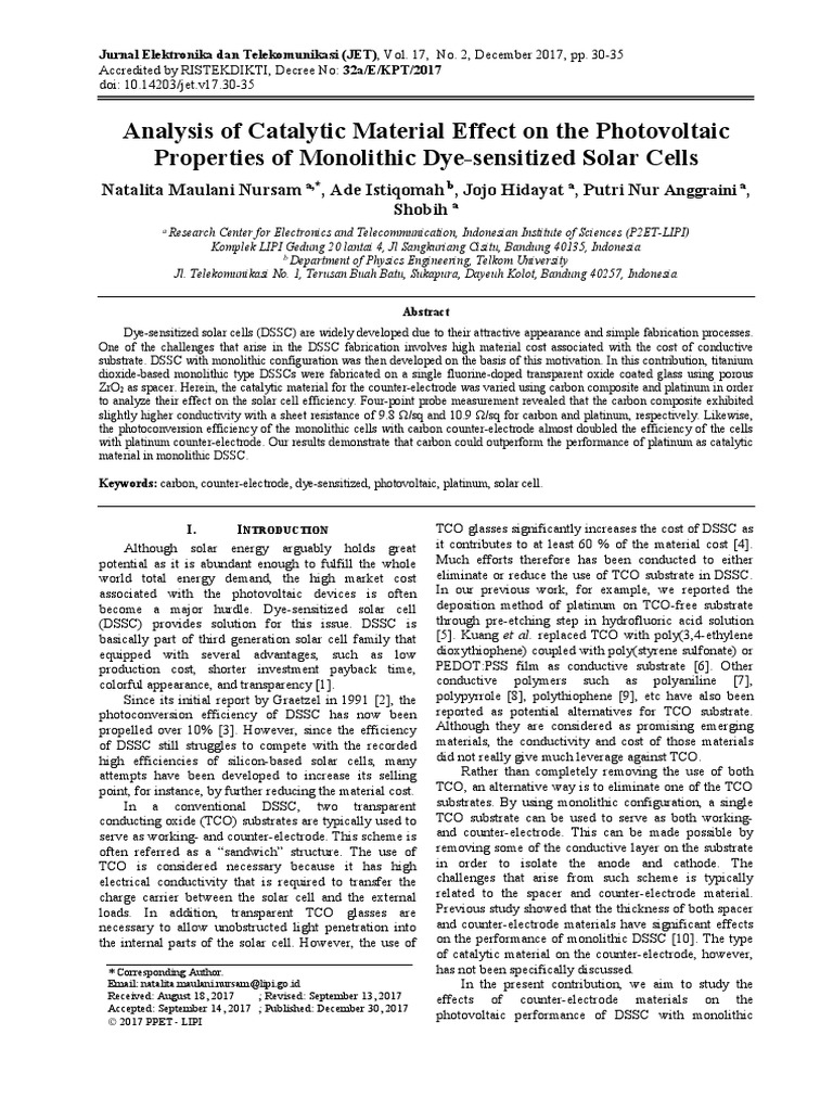Analysis of Catalytic Material Effect On The Photovoltaic Properties of ...