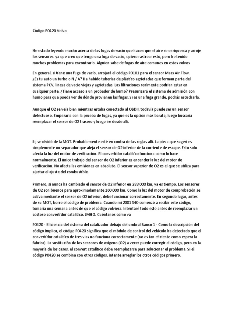 P0420 Volvo | PDF | Catálisis | Vehículos