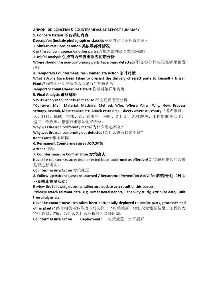 Anpqp - 8D Concern & Countermeasure Report Summary | PDF
