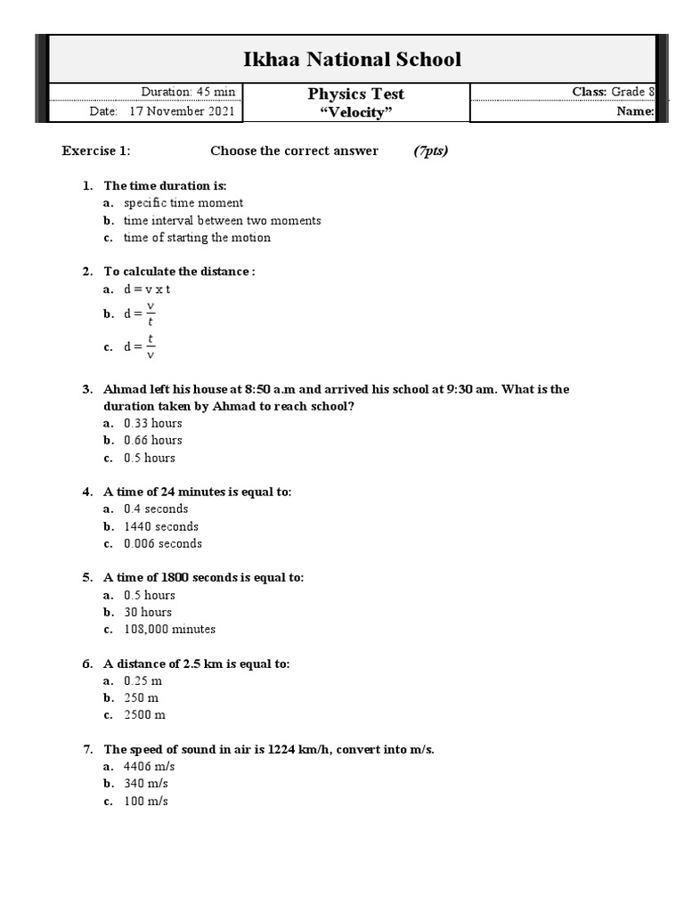 Grade 8 Physics Test on Velocity | PDF | Speed | Mechanical Engineering