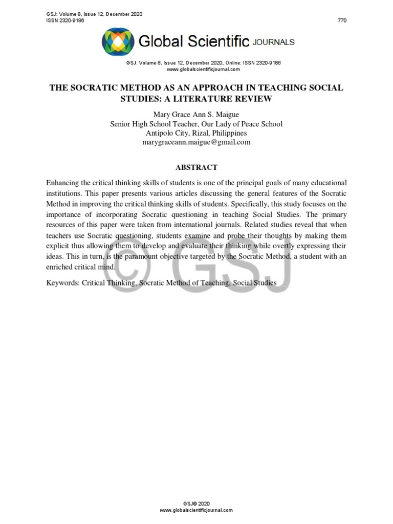 The Socratic Method As An Approach in Teaching Social Studies: A ...