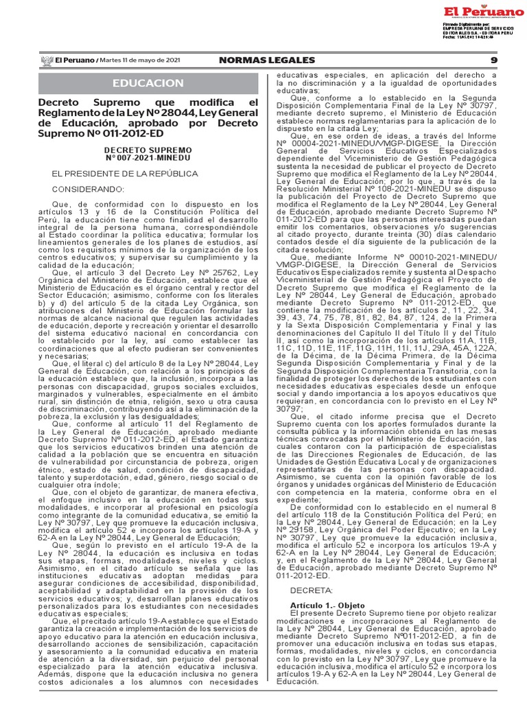 DS 007-2021-MINEDU Decreto Supremo Que Modifica El Reglamento de La Ley #28044 Ley General de ...