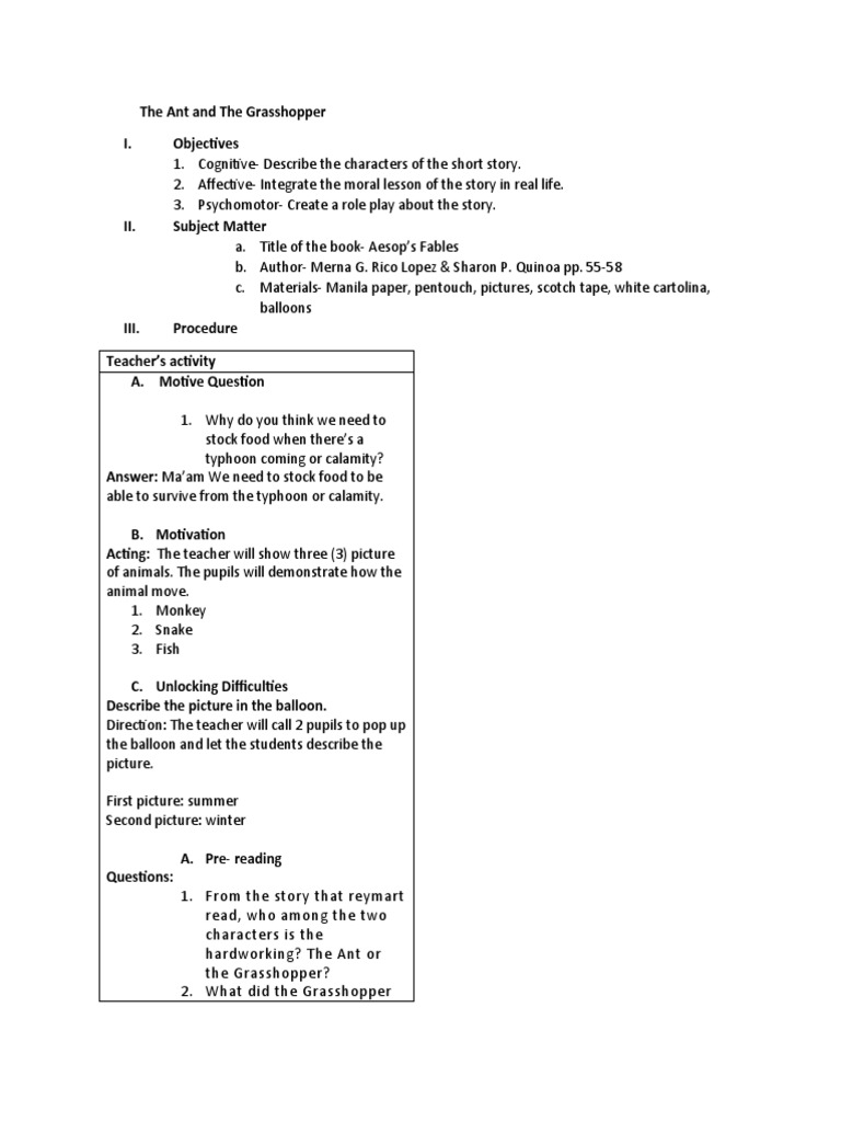 Lesson Plan: The Ant and The Grasshopper | PDF | Cognition ...