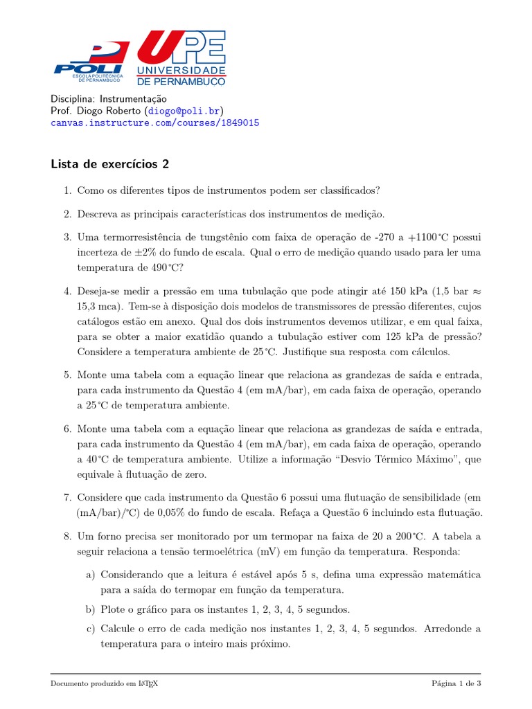 Lista de Exercicios 2 | PDF | Termopar | Temperatura