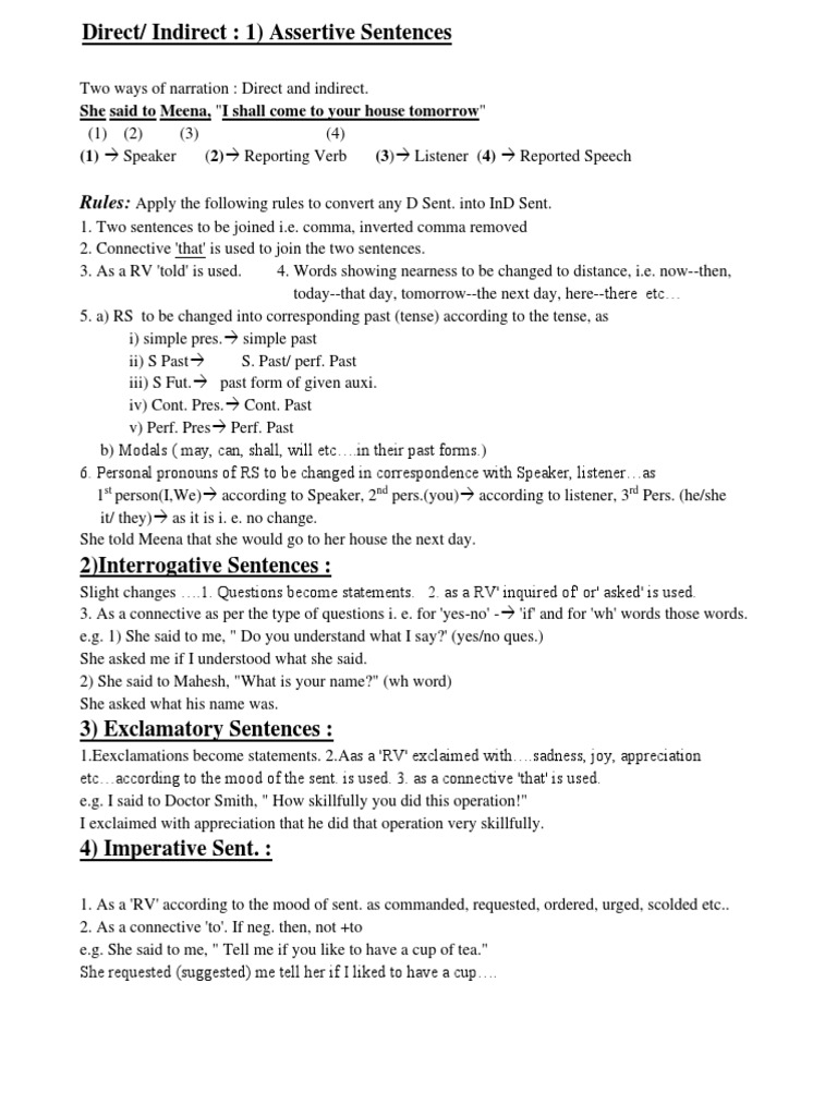 Direct/ Indirect: 1) Assertive Sentences: Rules | PDF | Cognitive ...