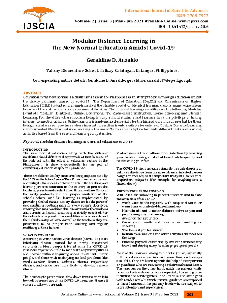 Modular Distance Learning in The New Normal Education Amidst Covid-19 ...