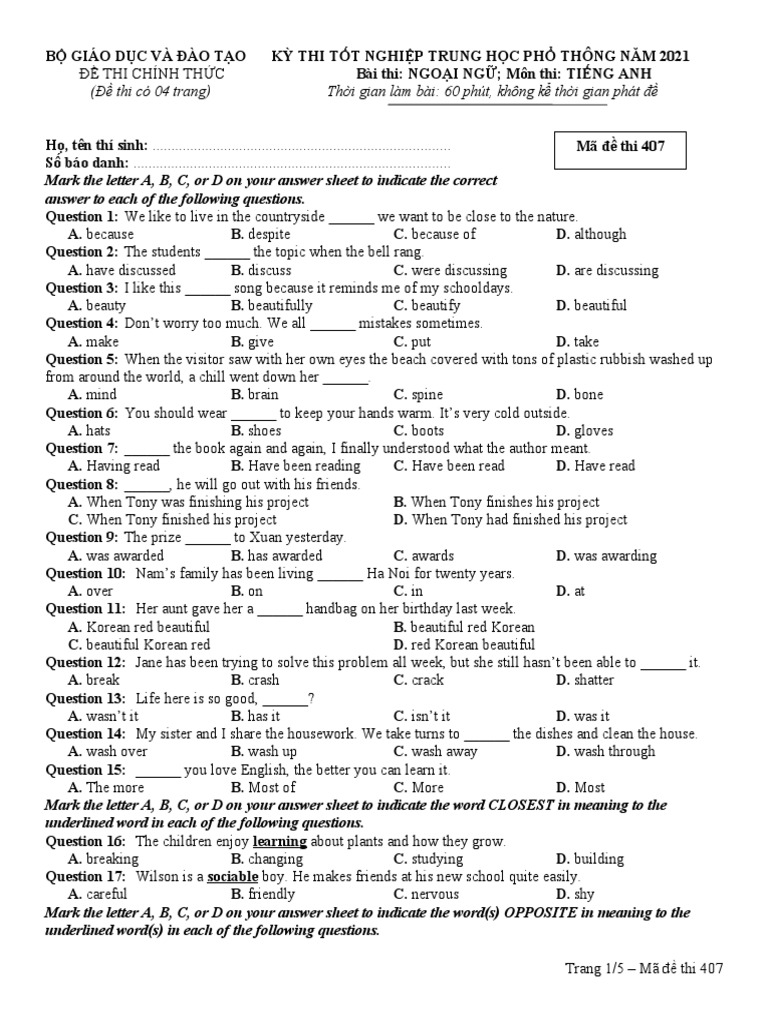 Vietnamese National High School Graduation Exam - English Section ...