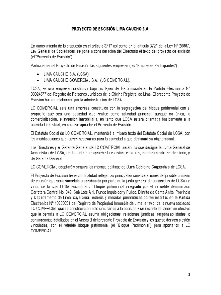 LC - Proyecto de Escision | PDF | Compartir (Finanzas) | Sociedad de ... LC - Proyecto de Escision | PDF | Compartir (Finanzas) | Sociedad de ...