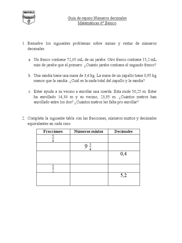 Guia Suma y Resta Decimales | PDF