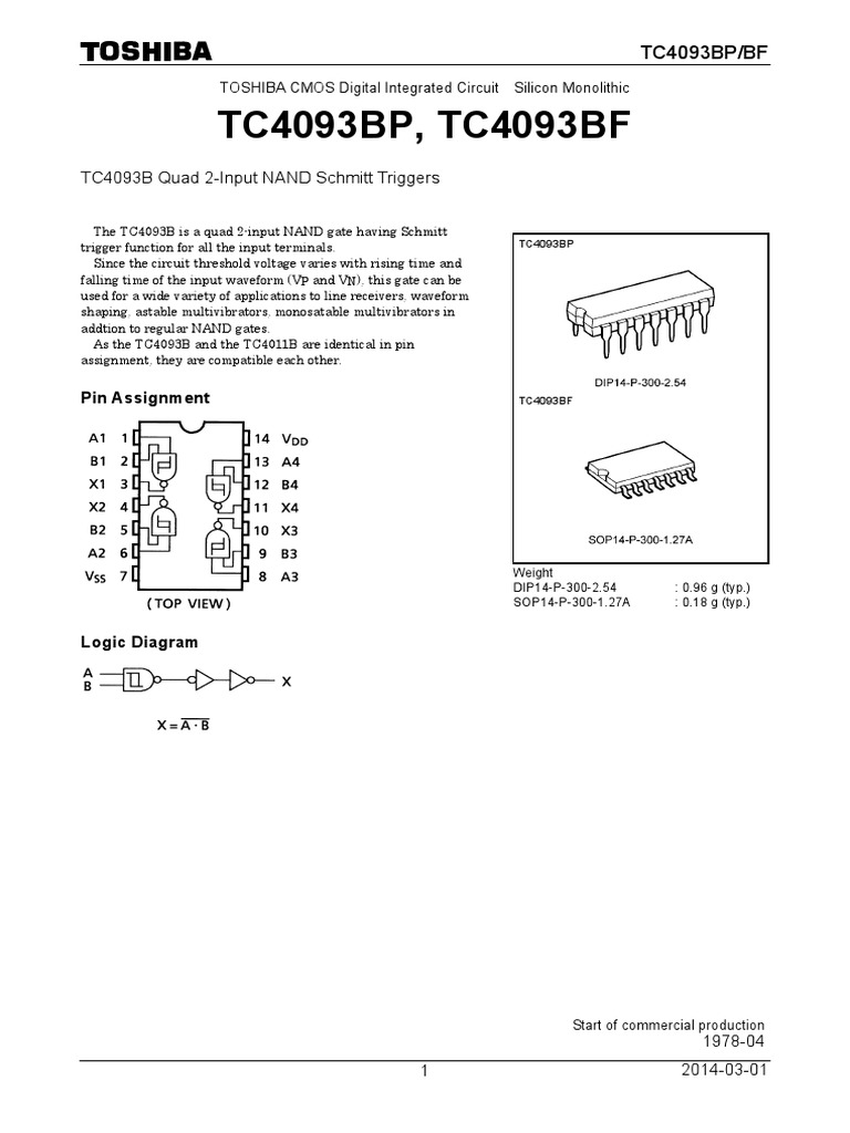 TC4093BP, TC4093BF: TC4093B Quad 2-Input NAND Schmitt Triggers | PDF ...
