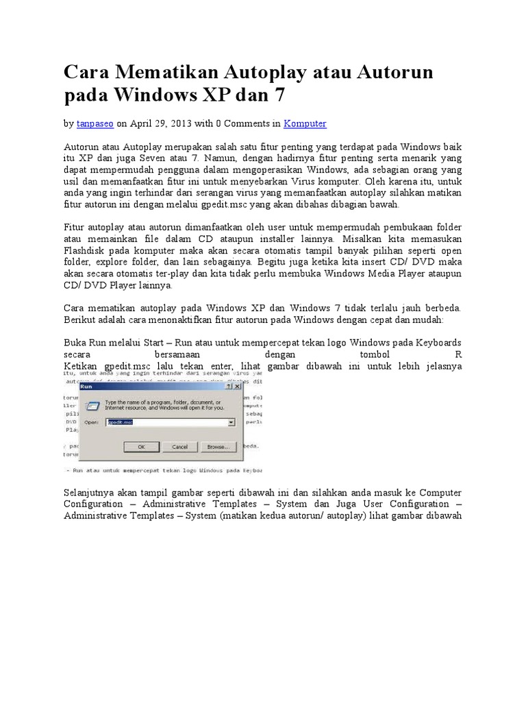 Cara Mematikan Autoplay Atau Autorun Pada Windows XP Dan 7 | PDF | Game ...