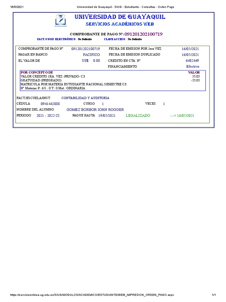 Universidad de Guayaquil - SIUG - Estudiante - Consultas - Orden Pago | PDF