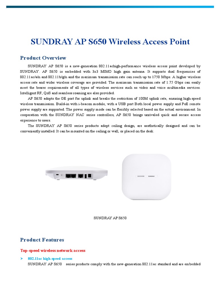 SUNDRAY AP S650 Wireless Access Point: Product Overview | PDF ...