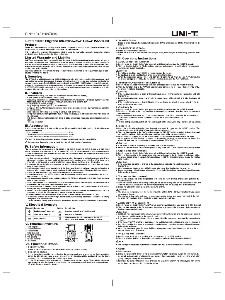 UT89XE Digital Multimeter Guide | PDF | Capacitor | Power Supply