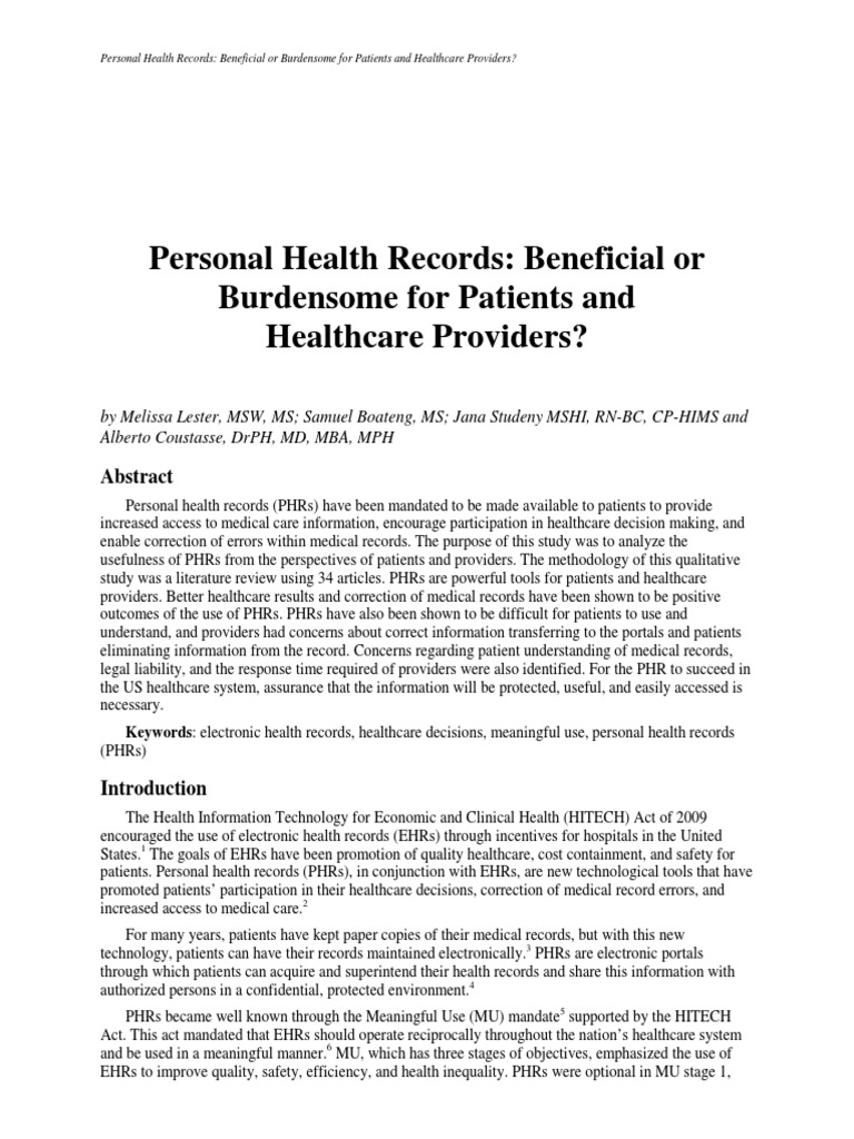 Personal Health Records: Beneficial or Burdensome For Patients and ...
