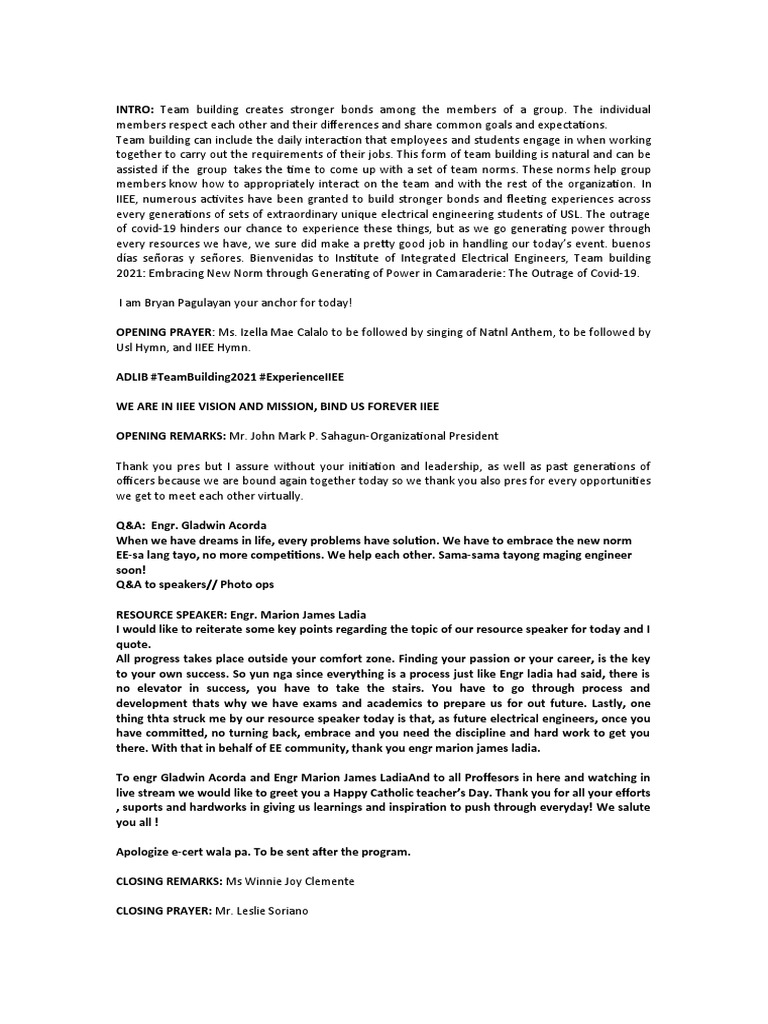 Teambuilding Script | PDF