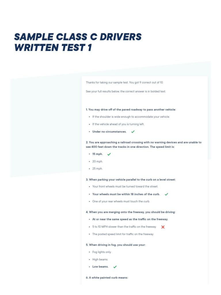 Sample Class C Drivers Written Test 1 | PDF