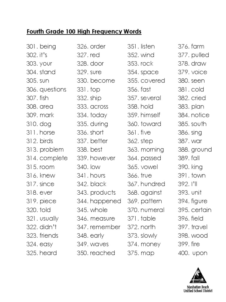 Fourth Grade 100 High Frequency Words | PDF