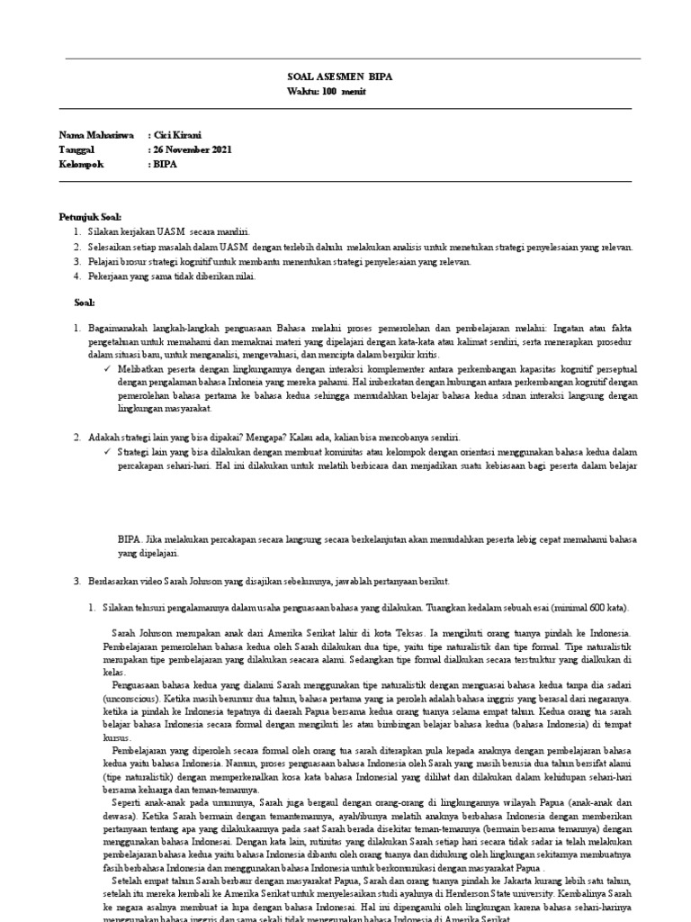 Uas Bipa - Cici Kirani | PDF | Seni & Disiplin Bahasa