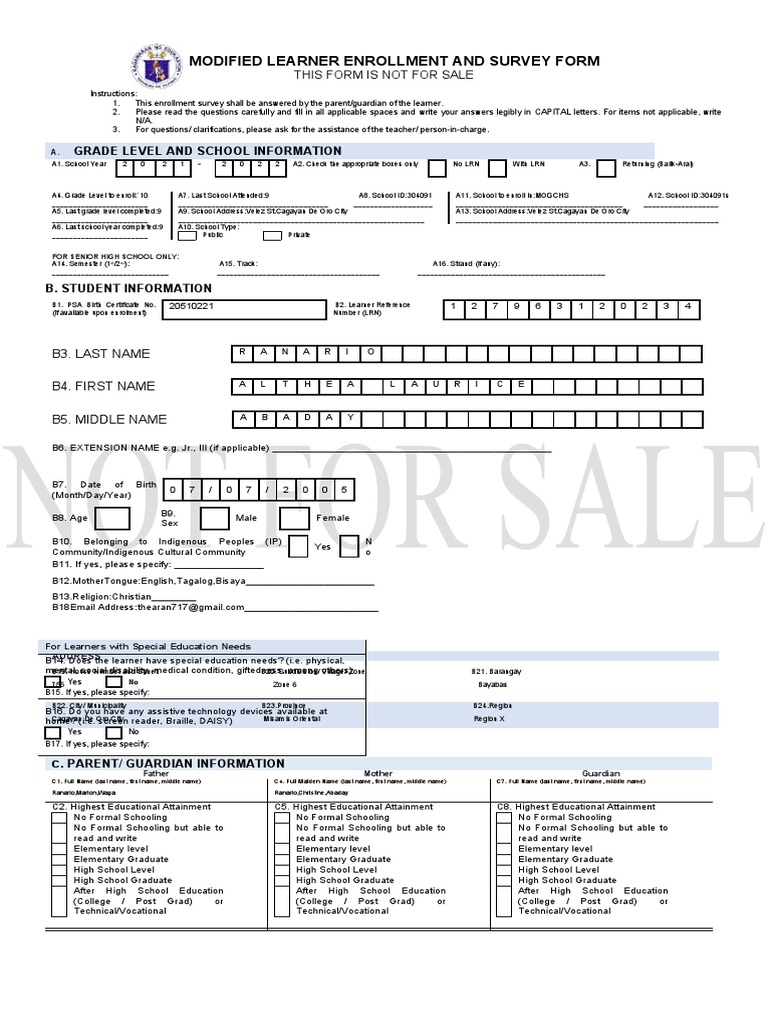 Modified Learner Enrollment and Survey Form: Grade Level and School ...