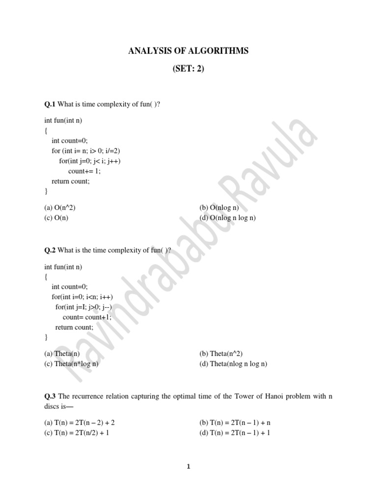 Analysis of Algorithms (SET: 2) : Q.1 What Is Time Complexity of Fun ...