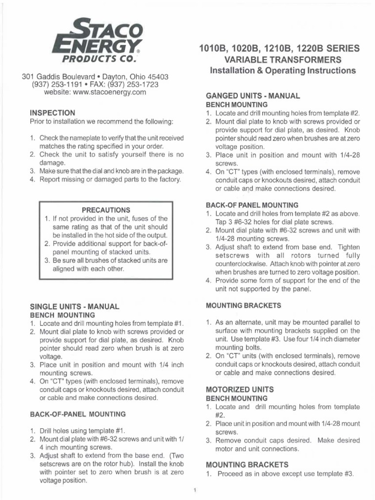 Installation and Operating Instructions for Staco Energy Variable ...