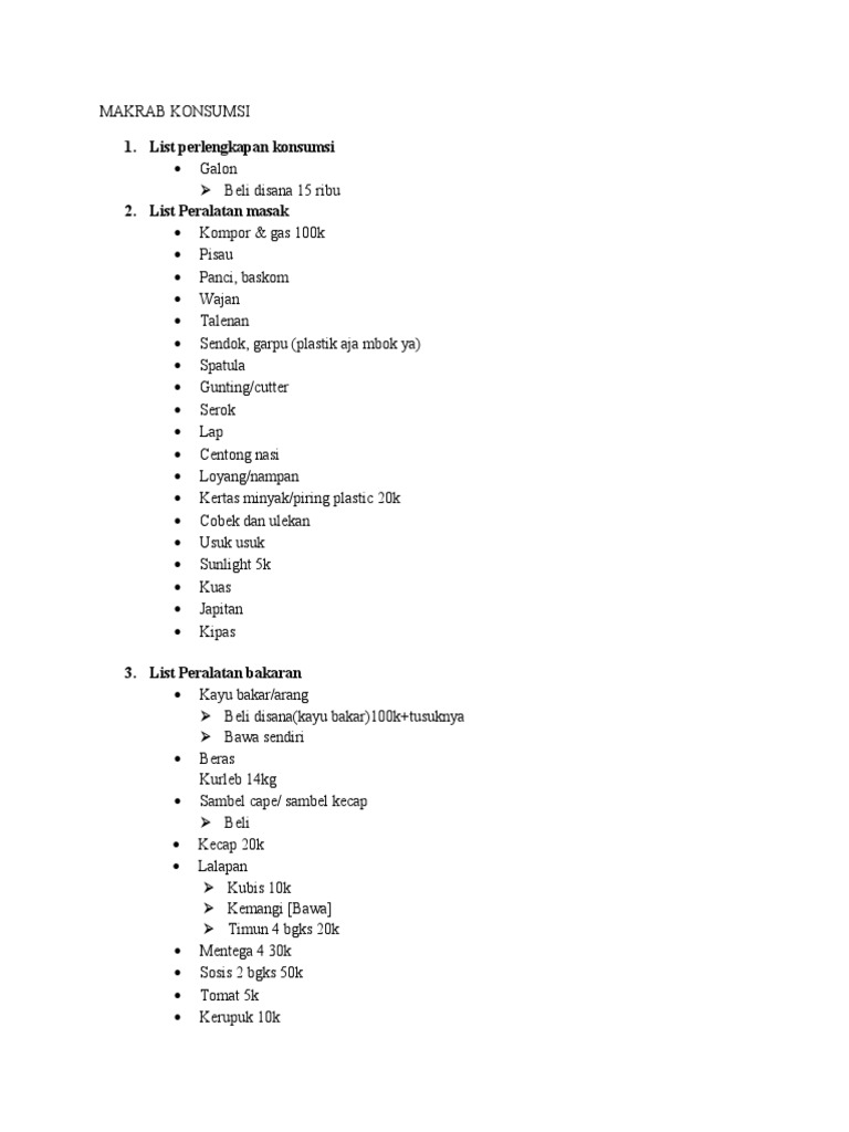List Perlengkapan Peralatan Konsum Makrab | PDF