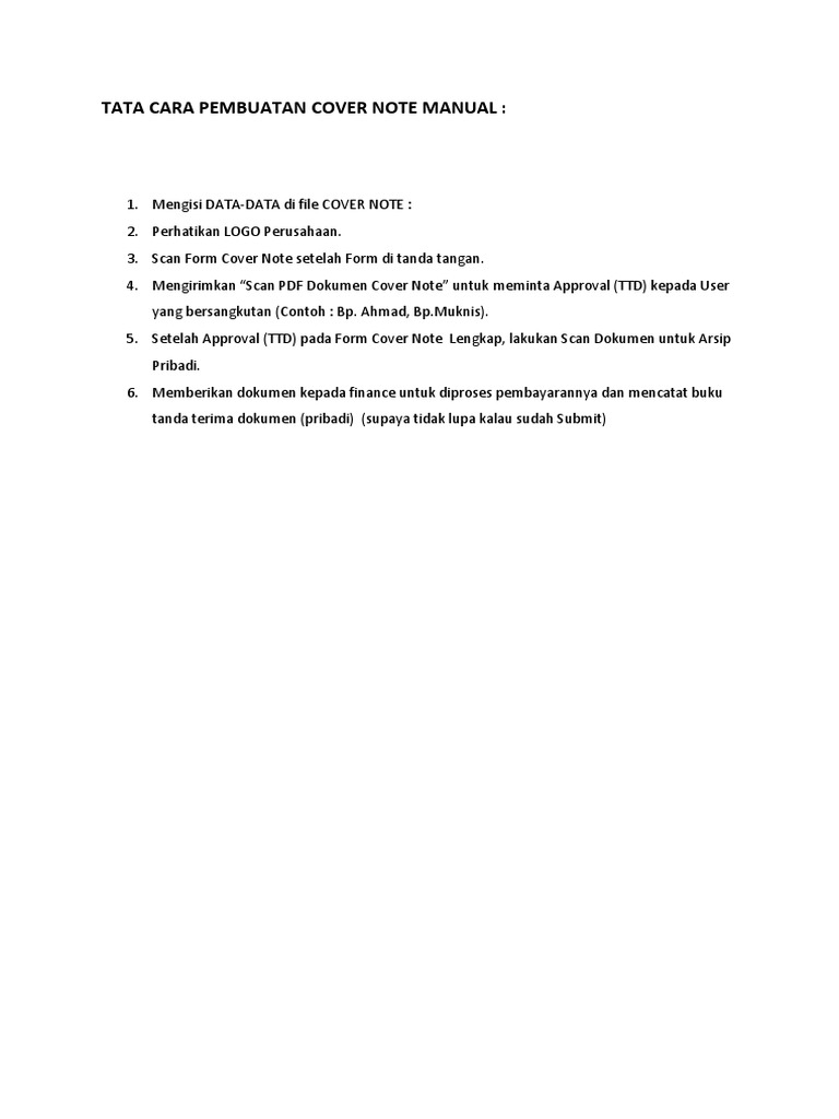 Prosedur Cover Note Manual | PDF