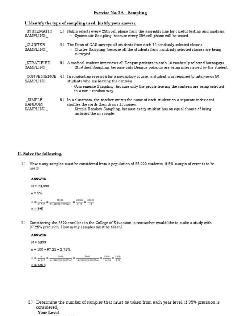 Exercise No. 2A - Sampling I. Identify The Type of Sampling Used ...
