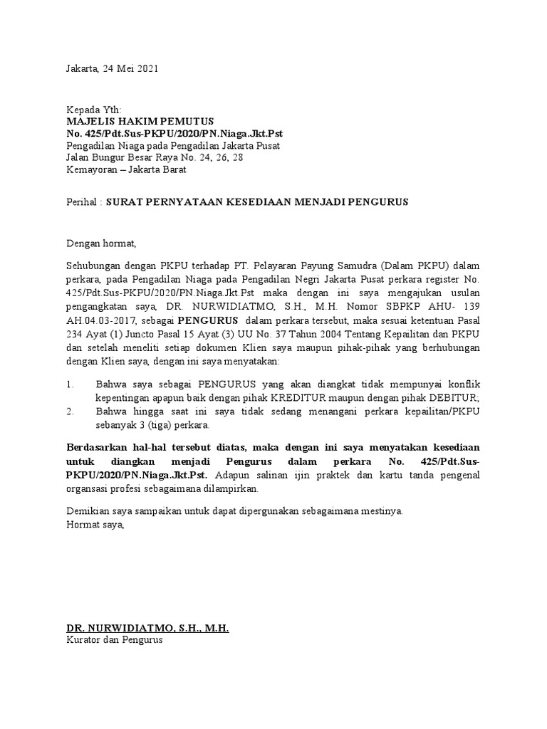 Surat Pernyataan Pengurus PKPU Salim | PDF