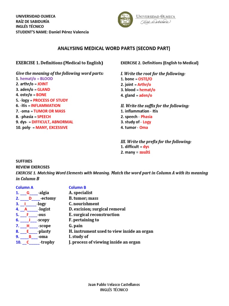 Medical Terminology Exercises | PDF | Surgery | Medical Specialties