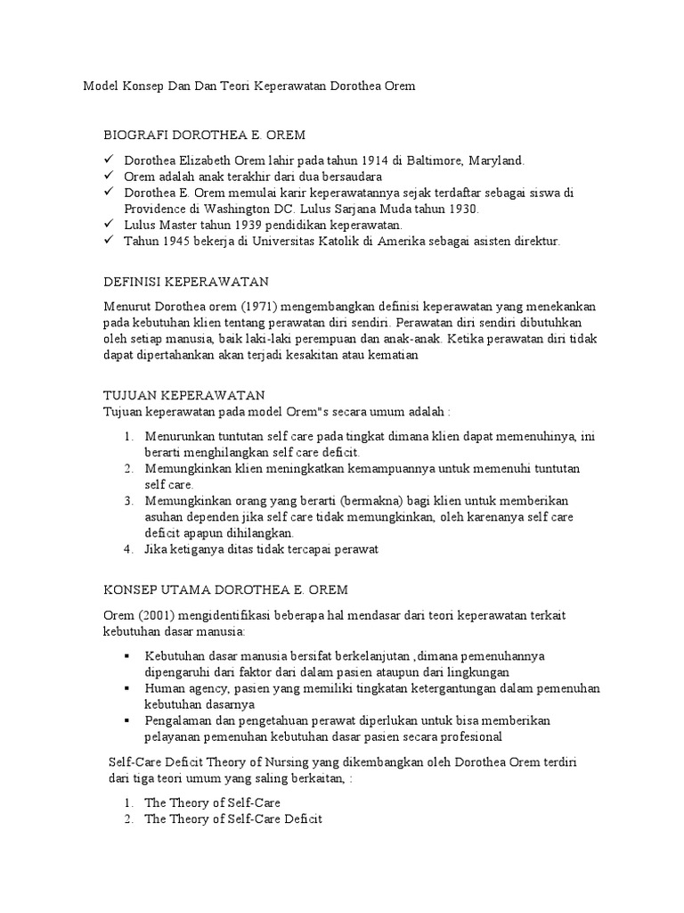 Model Konsep Dan Dan Teori Keperawatan Dorothea Orem | PDF