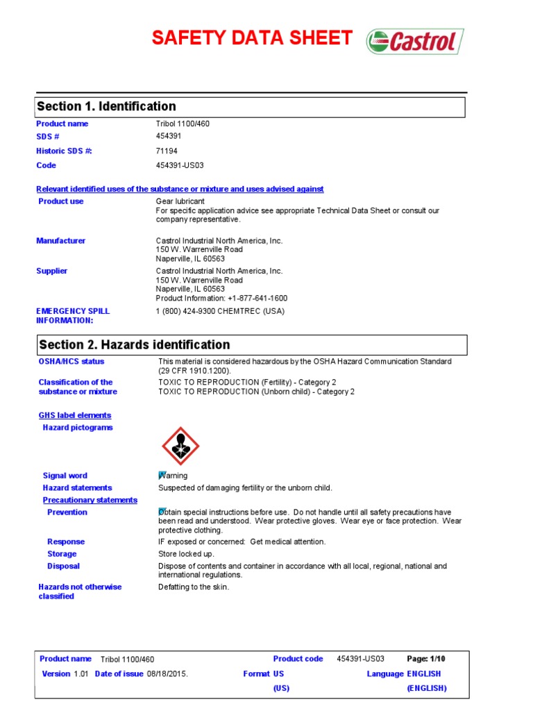 MSDS TRIBOL OPTIGEAR-1100-460-sds | PDF | Firefighting | Dangerous Goods
