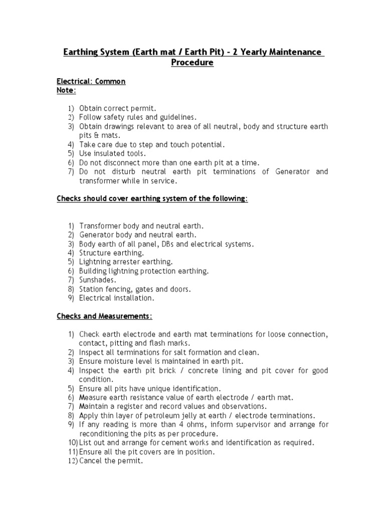 Earthing System Maintenance Checklist | PDF | Science & Mathematics ...