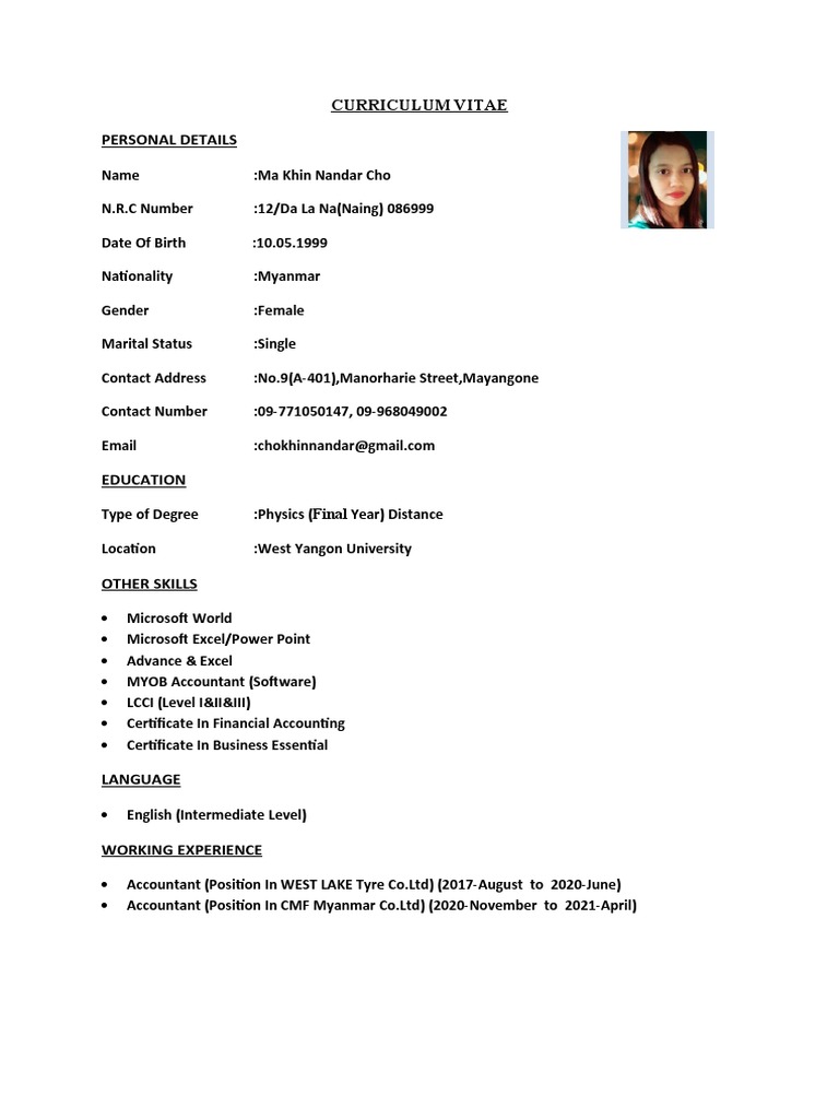 CV Physics Student Myanmar | PDF
