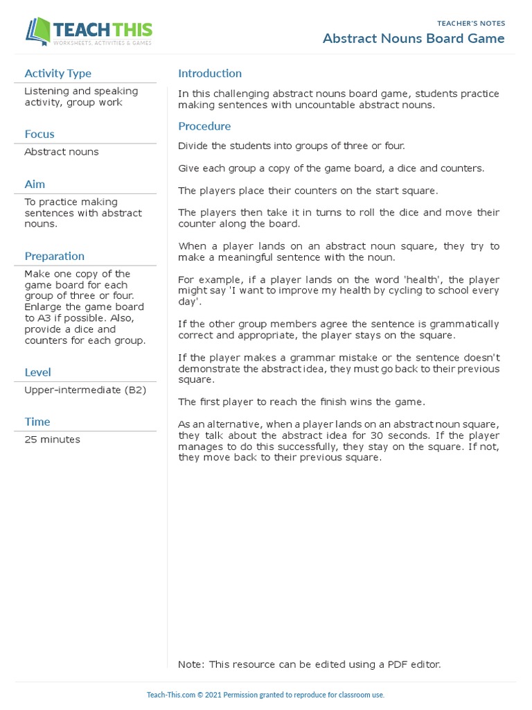 Abstract Nouns Board Game | Download Free PDF | Noun | Communication