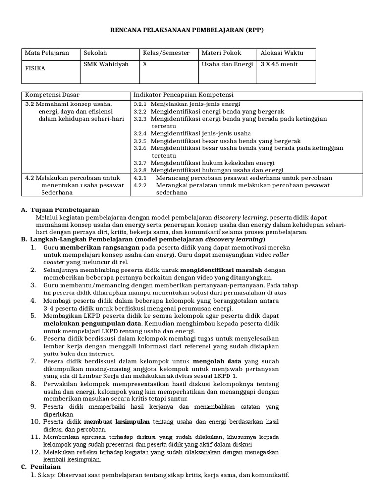 RPP Fisika SMK: Usaha & Energi | PDF
