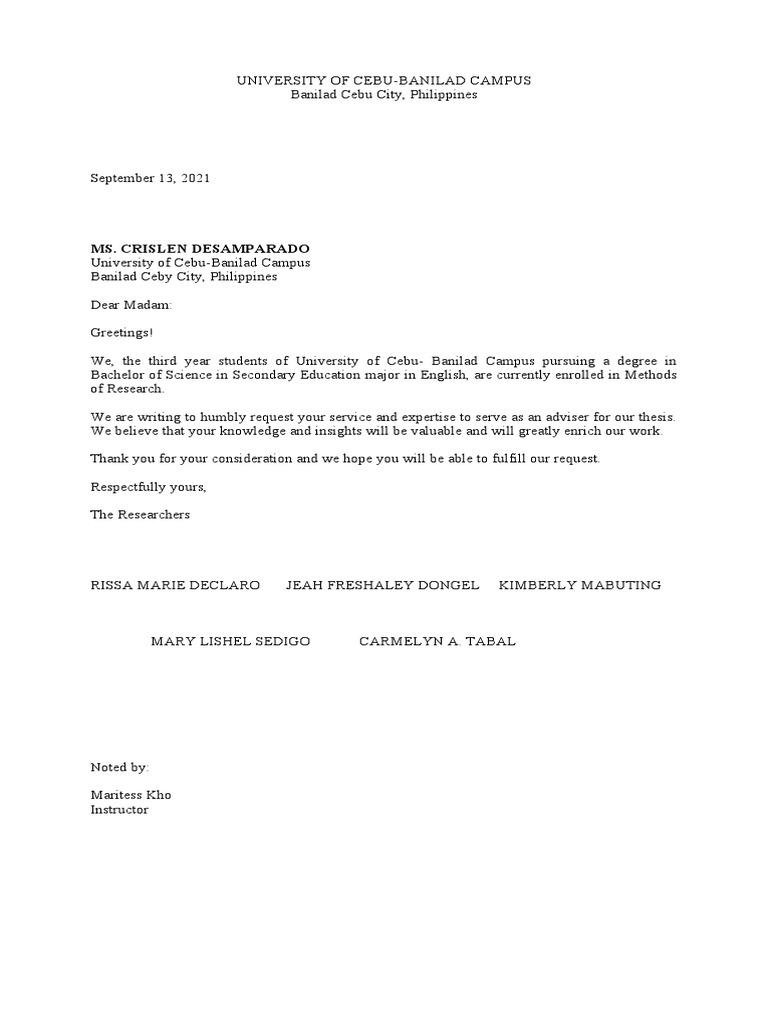 Sample Request Letter For Thesis Adviser | PDF